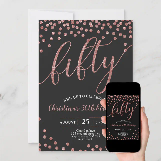Rose Gold Confetti Elegant 50th Birthday Women Invitation | Zazzle