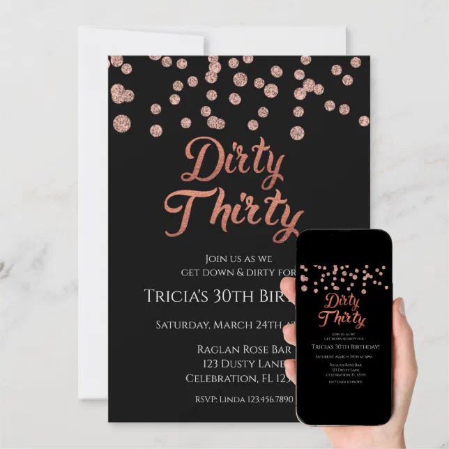 Rose Gold Confetti Glitter Dirty 30 Invitation | Zazzle