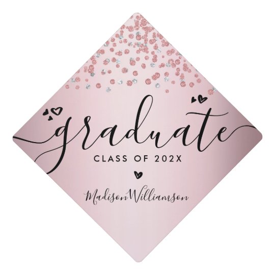 Rose Gold Confetti Jewels Modern Script Hearts Graduation Cap Topper ...
