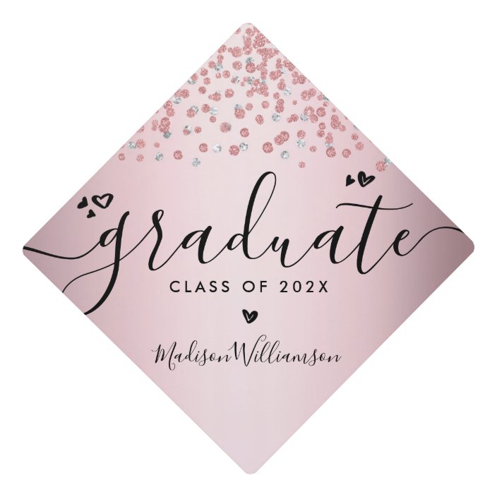 Rose Gold Confetti Jewels Modern Script Hearts Graduation Cap Topper ...