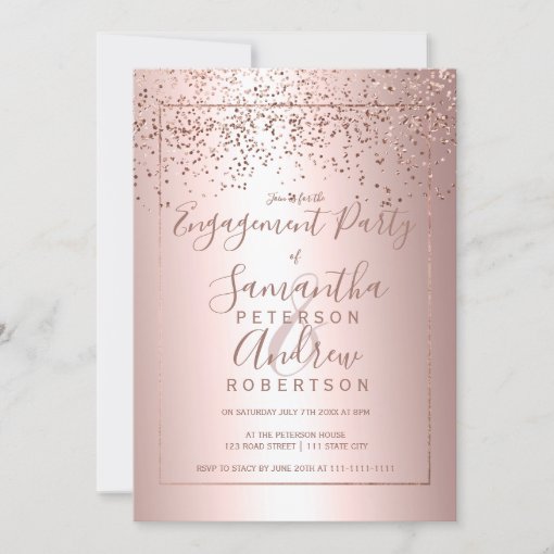 Rose gold confetti metallic typography engagement invitation | Zazzle