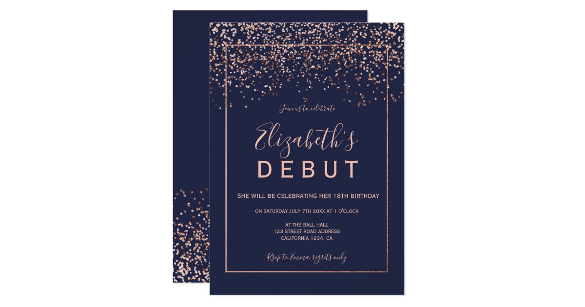 Rose gold confetti navy blue 18th birthday debut invitation | Zazzle.com