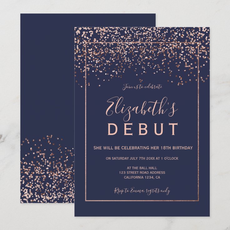 Rose gold confetti navy blue 18th birthday debut invitation | Zazzle