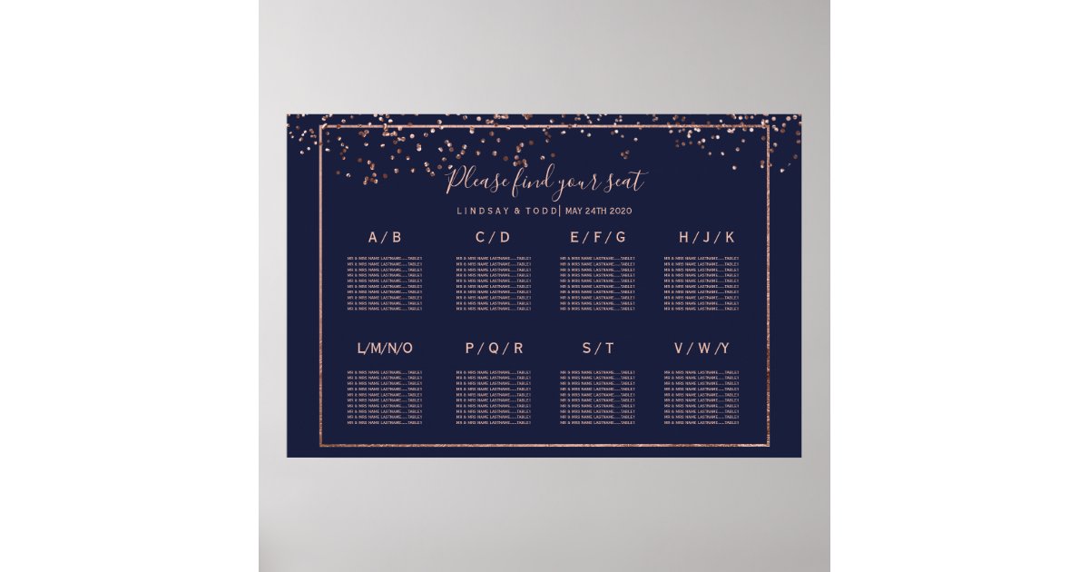 Rose gold confetti navy blue wedding table seating poster | Zazzle