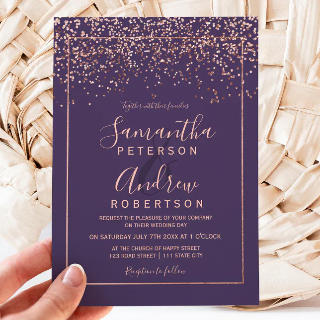 Rose gold confetti purple typography wedding invitation | Zazzle