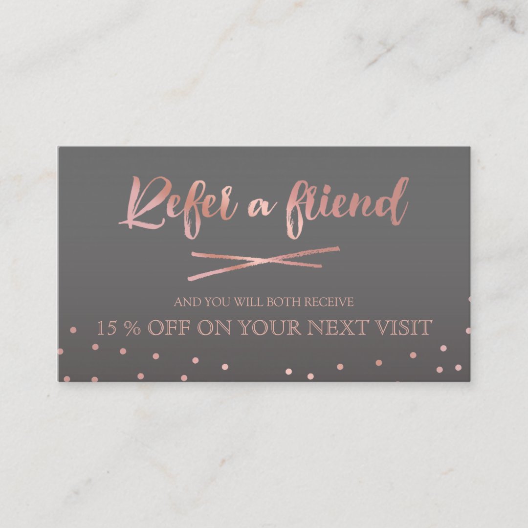 Rose Gold Confetti Refer a Friend Referral Card | Zazzle
