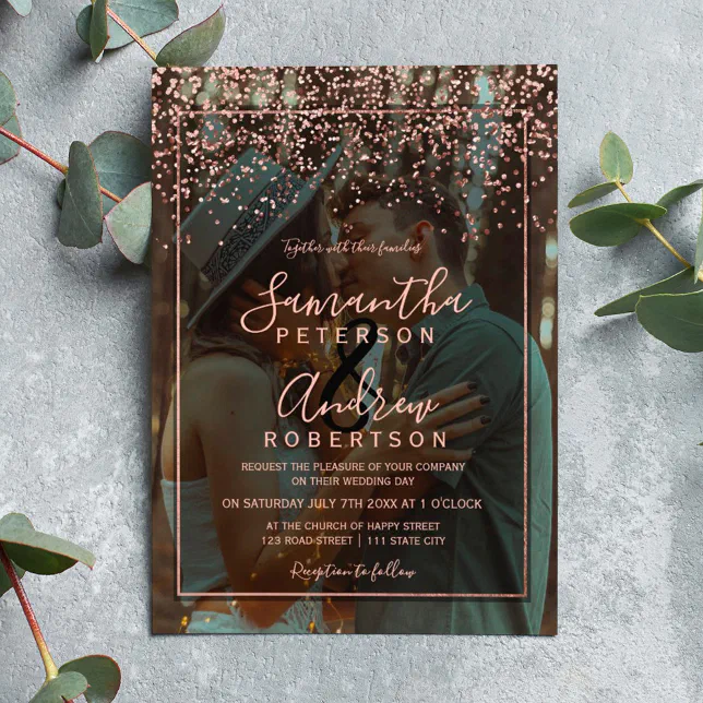 Rose gold confetti typography photo wedding invitation | Zazzle