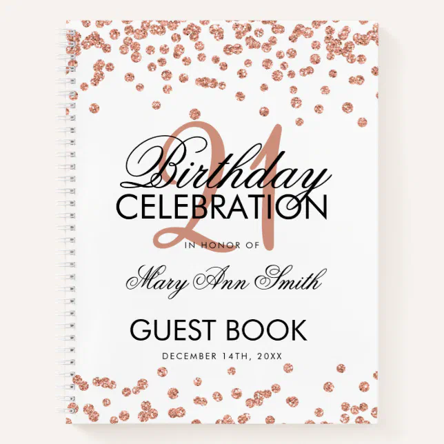 Rose Gold Confetti White 21st Birthday Guestbook Notebook | Zazzle