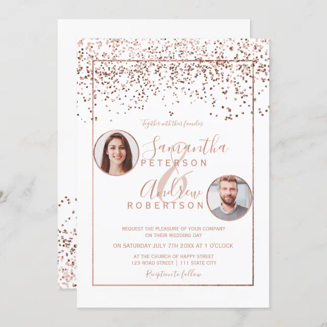 Rose gold confetti white circle photo wedding invitation | Zazzle