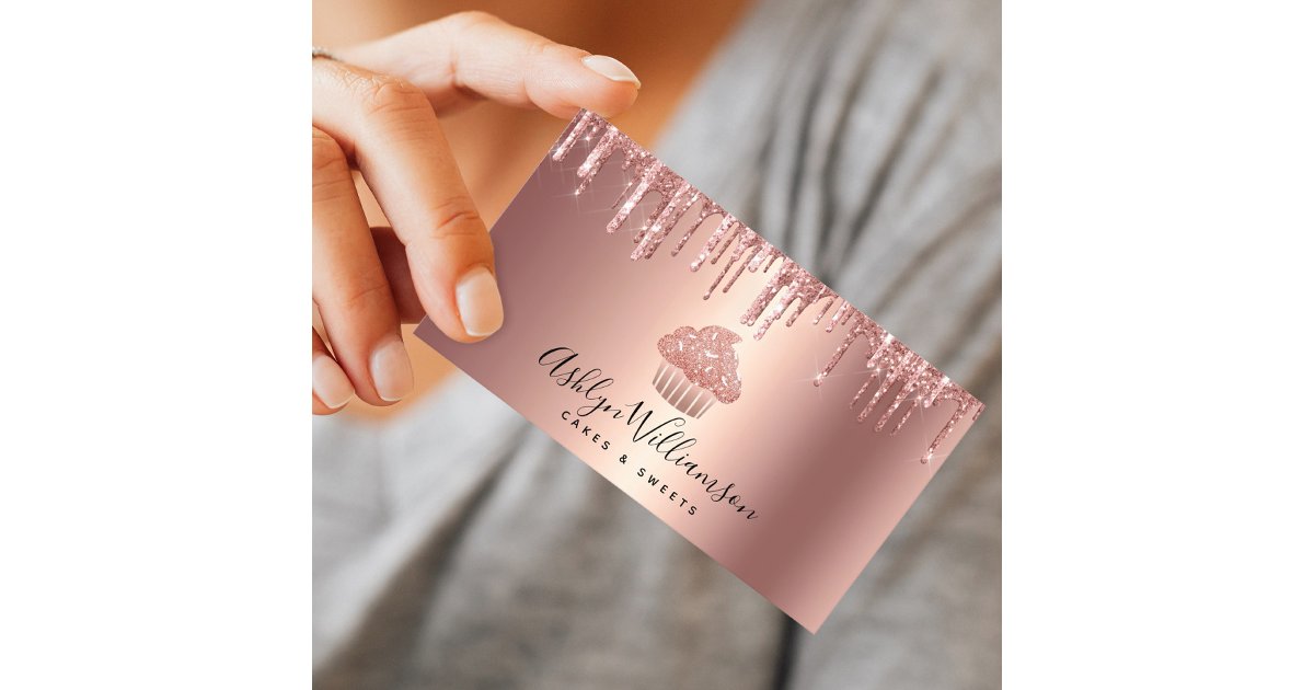 Rose Gold Copper Cupcake Glitter Drips Bakery Chef Business Card | Zazzle