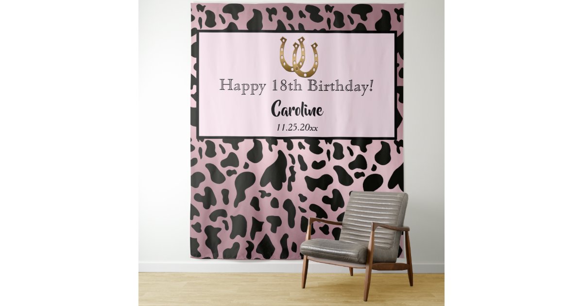 Rose Gold Cow Spots & Gold Horseshoe Birthday Tapestry | Zazzle