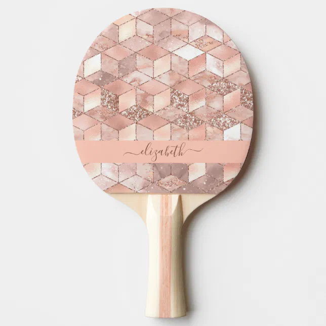 Rose gold cube marble name glittere script ping pong paddle | Zazzle
