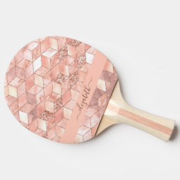 Rose gold cube marble name glittere script ping pong paddle | Zazzle