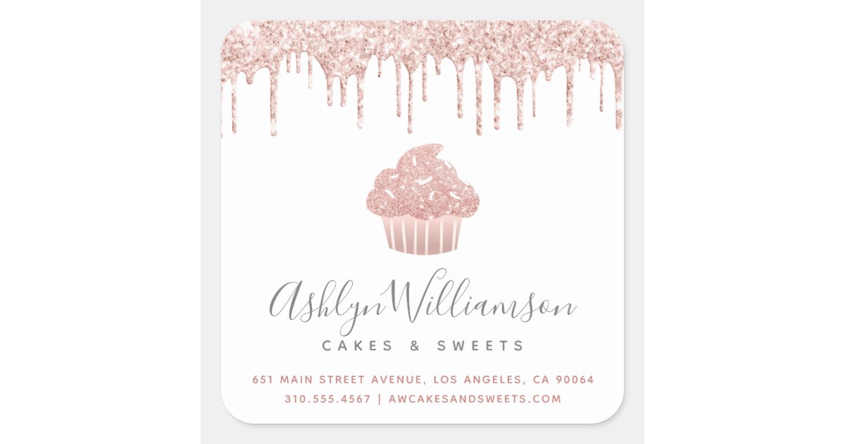 Rose Gold Cupcake Bakery Pastry Chef Glitter Drips Square Sticker | Zazzle