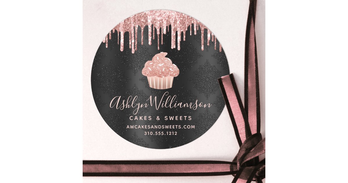 Rose Gold Cupcake Glitter Drips Bakery Black Chef Classic Round Sticker ...