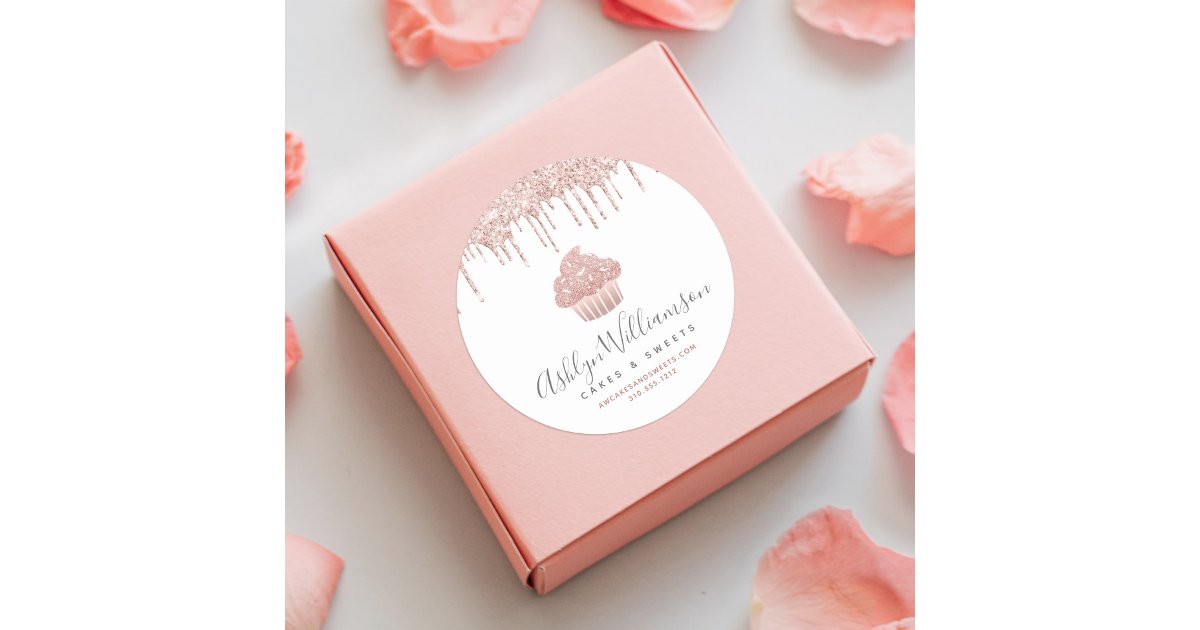 Rose Gold Cupcake Pastry Chef Bakery Glitter Drips Classic Round ...
