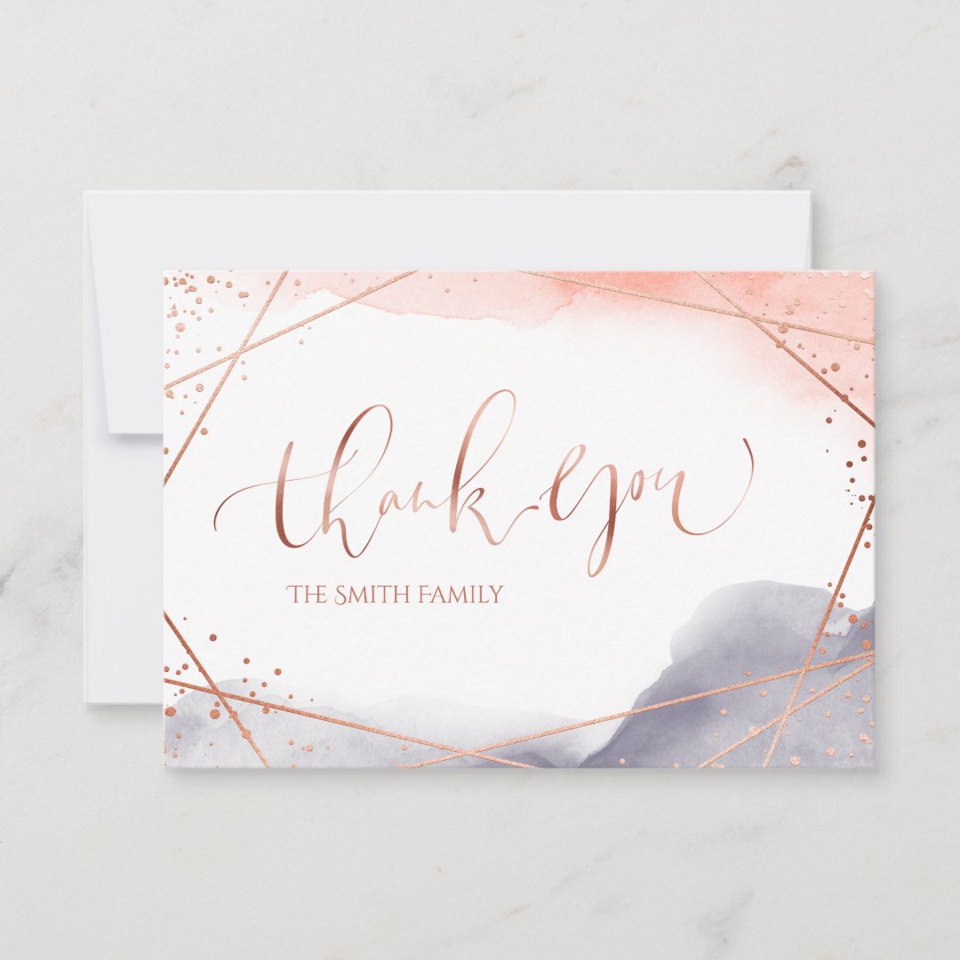 Rose Gold Dawn Watercolor Geometric Calligraphy Thank You Card | Zazzle