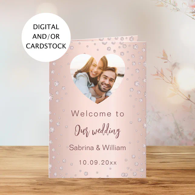 Rose gold diamonds photo welcome program menu | Zazzle