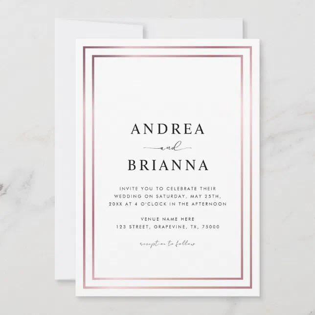 Rose Gold Double Border Frame All in One Wedding Invitation | Zazzle