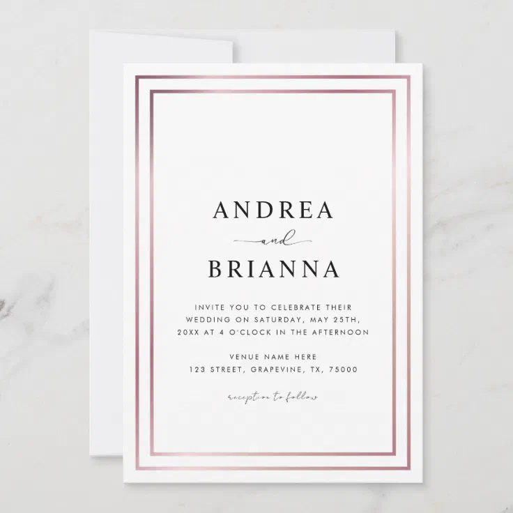 Rose Gold Double Border Frame All in One Wedding Invitation | Zazzle