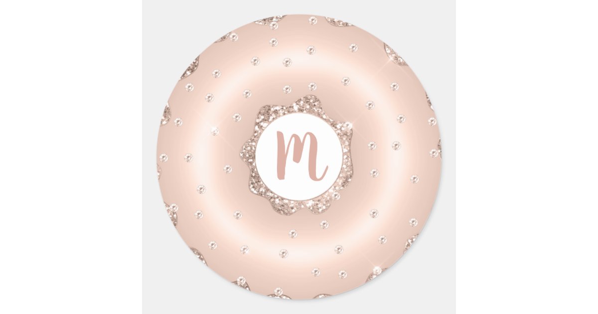 Rose gold doughnut glitter gems monogram script classic round sticker ...