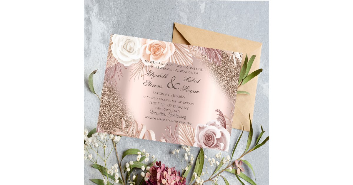 Rose Gold Dress Boho Flowers Wedding Invitation | Zazzle