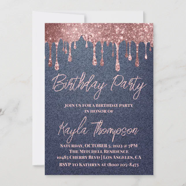 Rose Gold Drip Denim Birthday Party Invitation | Zazzle