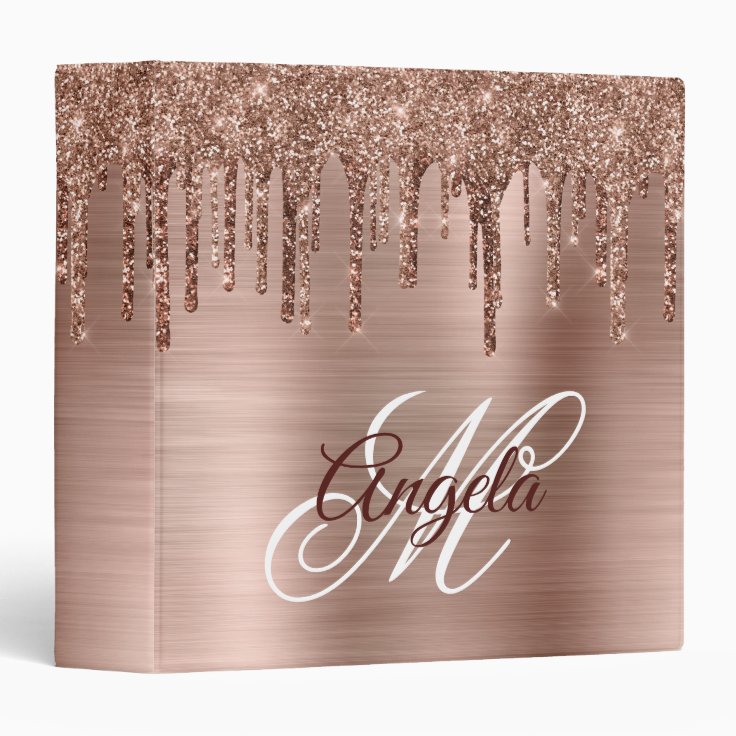 Rose Gold Dripping Glitter and Foil Fancy Monogram 3 Ring Binder | Zazzle