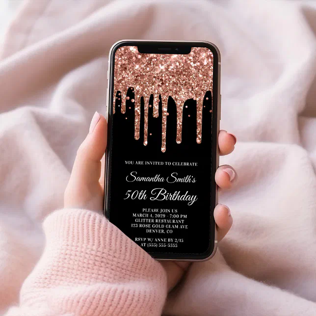 Rose Gold Dripping Glitter Black 50th Birthday Invitation | Zazzle