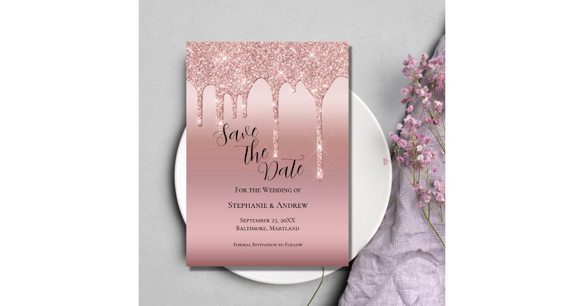 Rose Gold Dripping Glitter Blush Pink QR code Save The Date | Zazzle