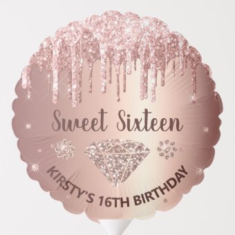 Rose Gold Dripping Glitter & Diamond Sweet 16 Balloon | Zazzle