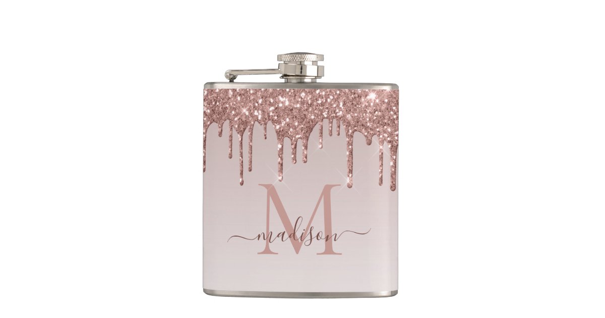 Rose Gold Dripping Glitter Modern Sparkle Monogram Flask | Zazzle