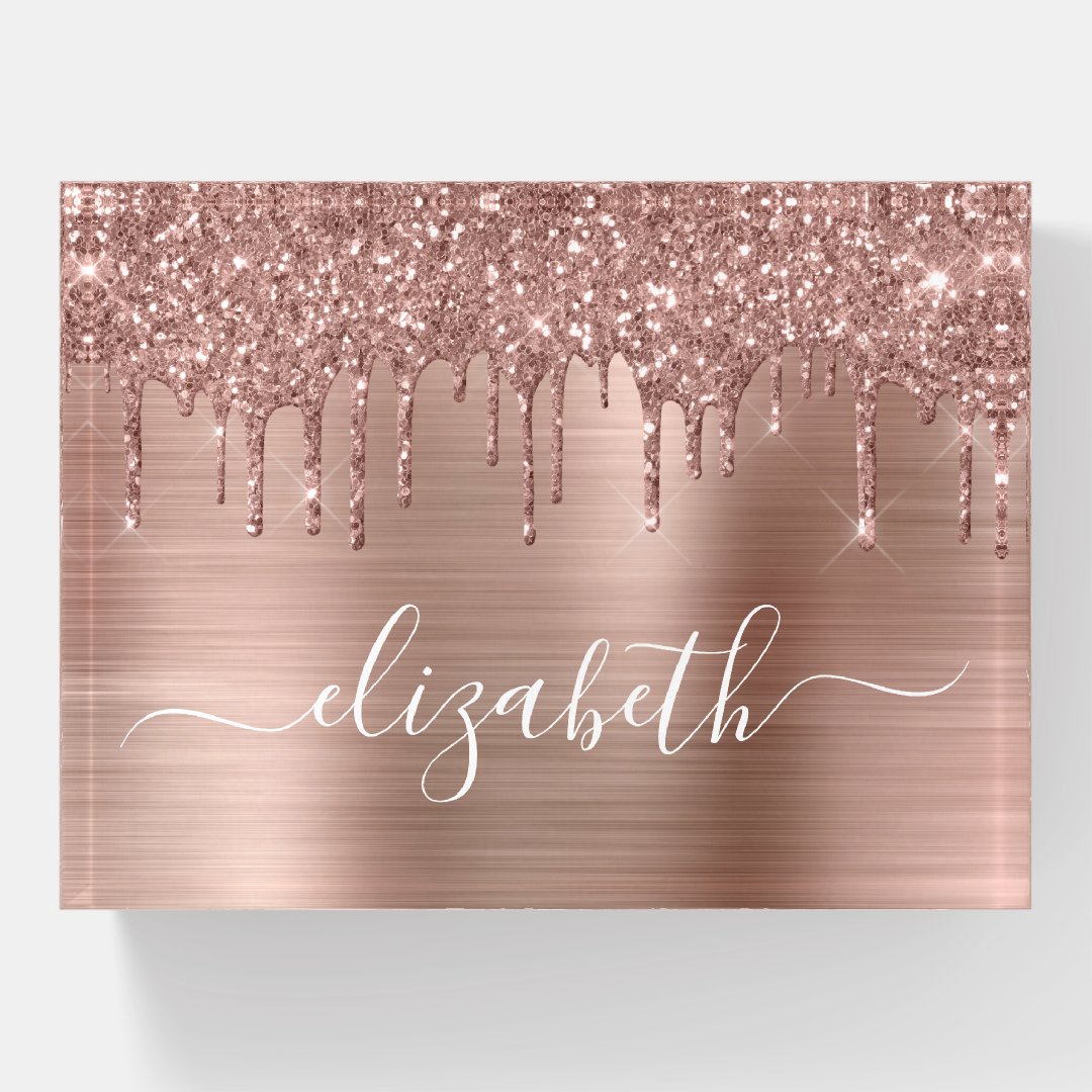 Rose Gold Dripping Glitter Personalized Paperweight | Zazzle