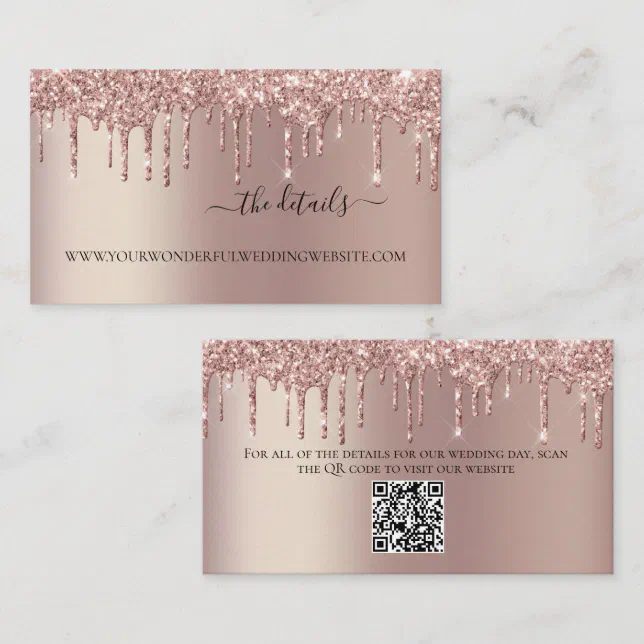 Rose Gold Dripping Glitter Wedding Details QR code Enclosure Card | Zazzle