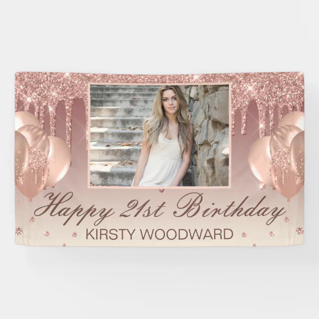 Rose Gold Dripping Glitter with diamonds Birthday Banner | Zazzle