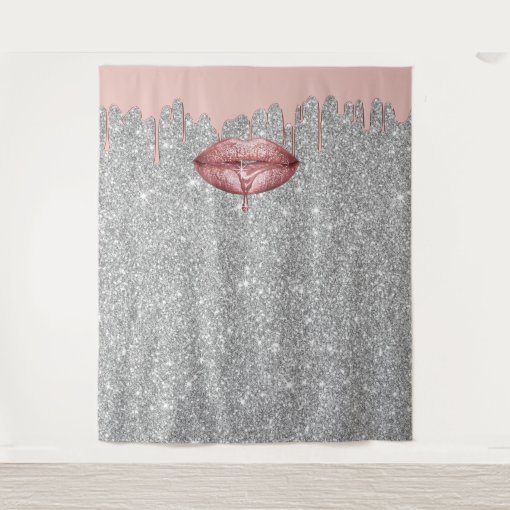 Rose Gold Dripping Lips Silver Glitter Backdrops | Zazzle