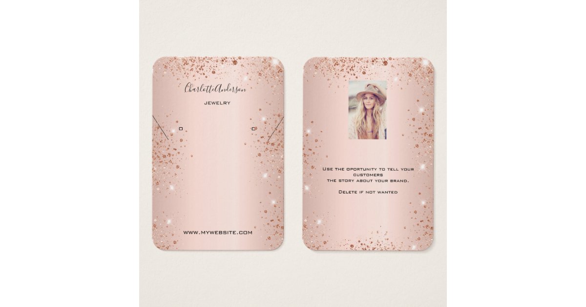 Rose gold earring photo glitter display card | Zazzle