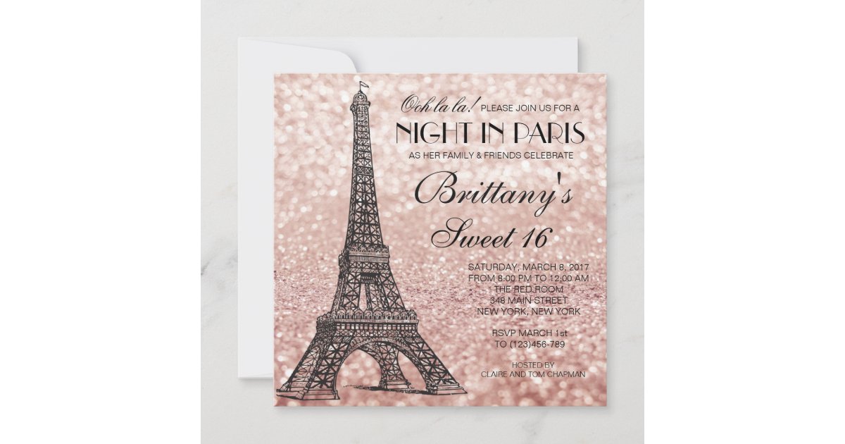Rose Gold Eiffel Tower Paris Sweet 16 Invitation | Zazzle