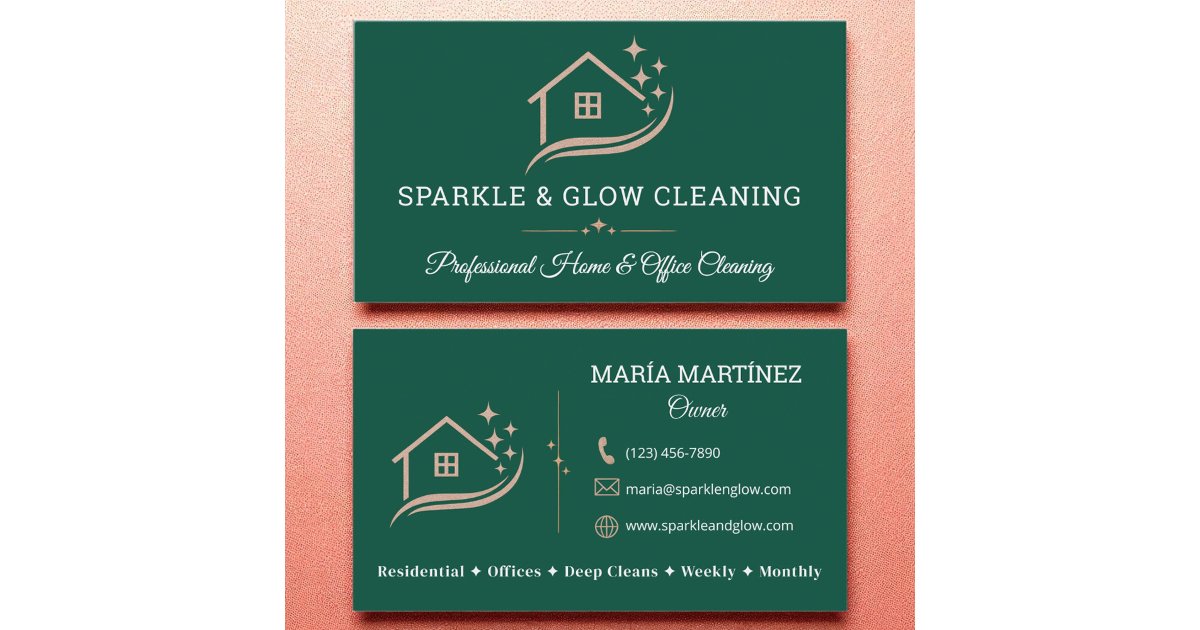 Rose Gold Emerald Green Cleaning Service House Business Card | Zazzle
