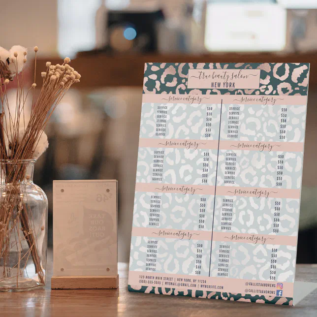 Rose Gold Emerald Leopard Cheetah Price List Pedestal Sign | Zazzle