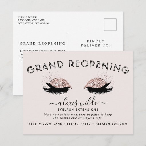 Rose Gold Eyelashes Salon Grand Reopening Covid Postcard | Zazzle