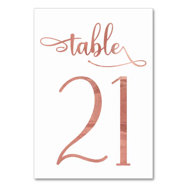 Rose gold faux foil 3.5x5 table number | Table 21 | Zazzle