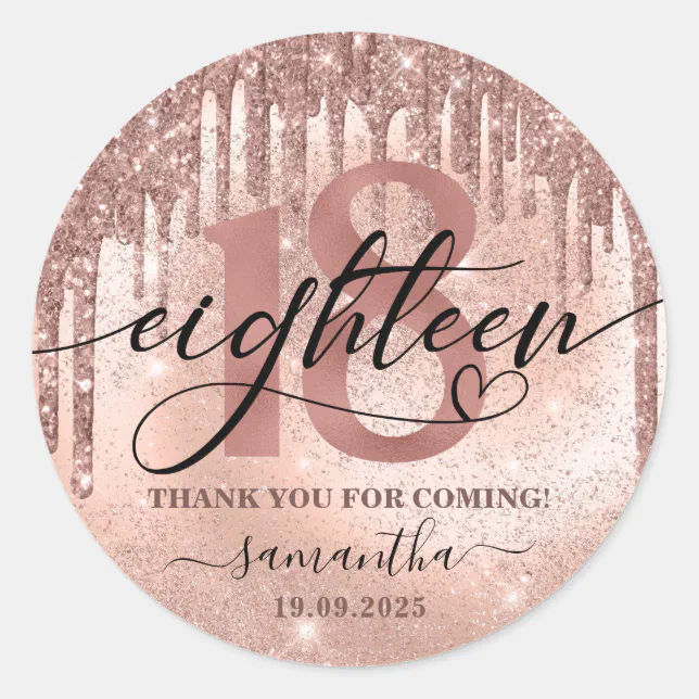 Rose Gold Faux Glitter & Foil 18th Birthday Party Classic Round Sticker ...