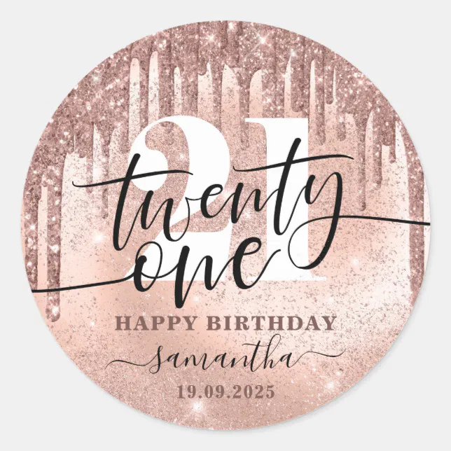 Rose Gold Faux Glitter & Foil 21st Birthday Clas Classic Round Sticker ...