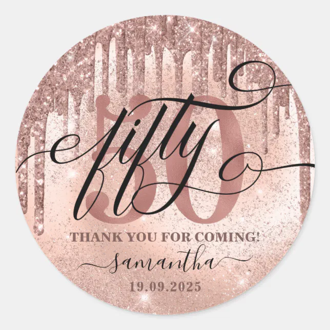 Rose Gold Faux Glitter & Foil 50th Birthday Party Classic Round Sticker ...