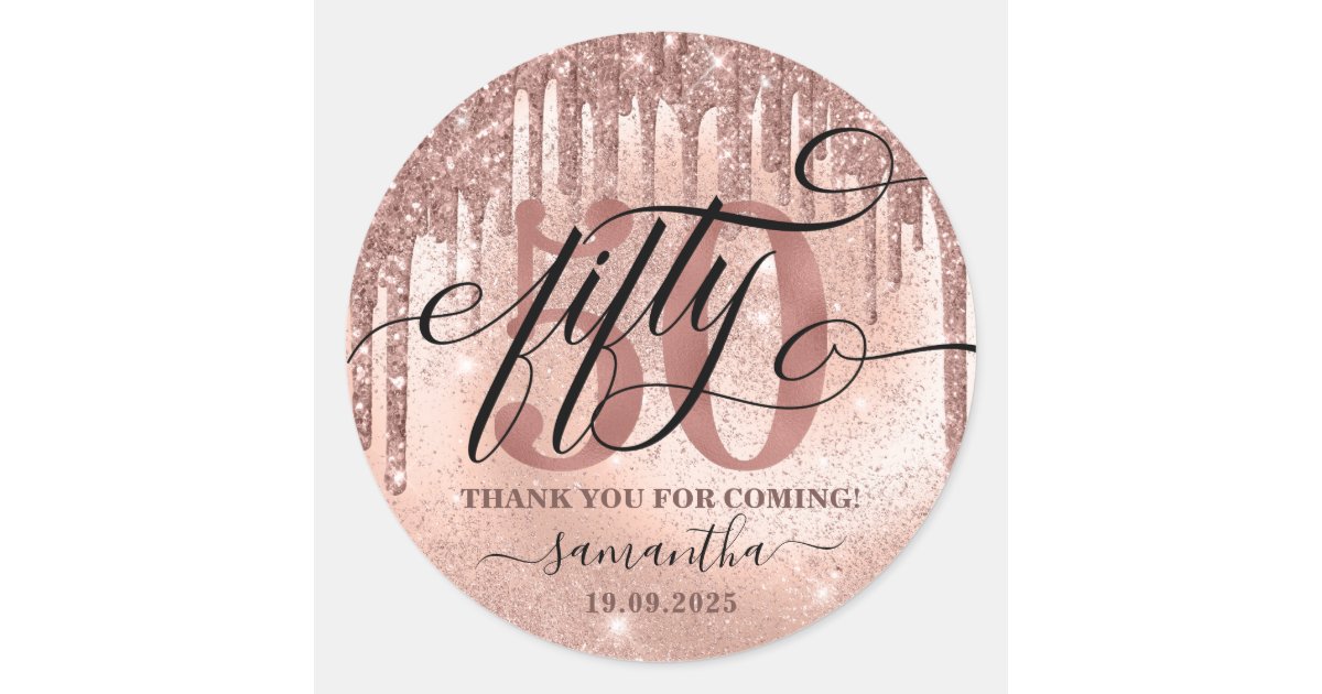 Rose Gold Faux Glitter & Foil 50th Birthday Party Classic Round Sticker ...