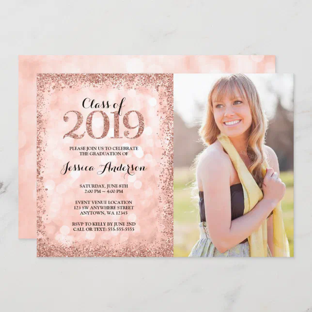 Rose Gold Faux Glitter Light 2019 Photo Graduation Invitation | Zazzle