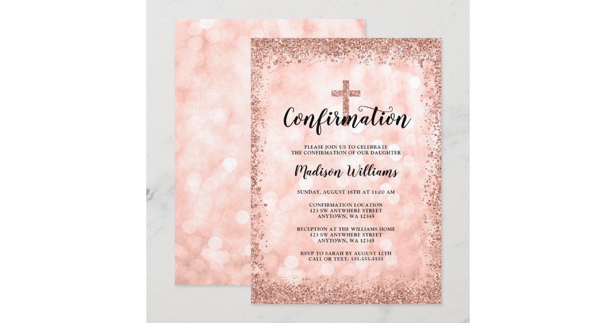 Rose Gold Faux Glitter Lights Confirmation Invitation | Zazzle