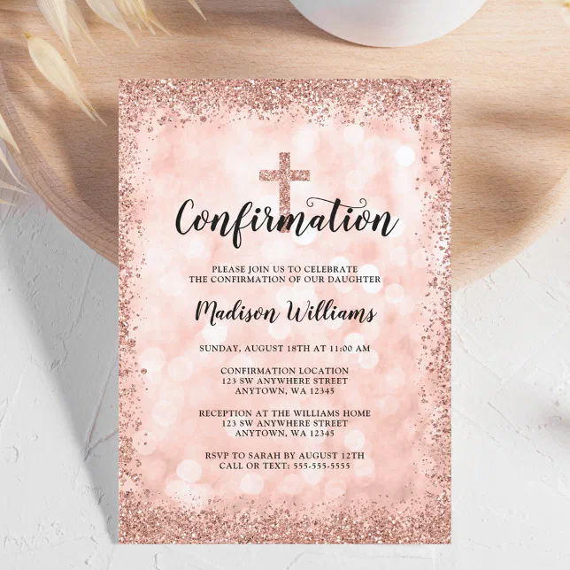 Rose Gold Faux Glitter Lights Confirmation Invitation | Zazzle