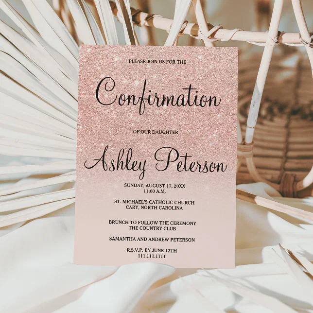 Rose gold faux glitter pink ombre confirmation invitation | Zazzle
